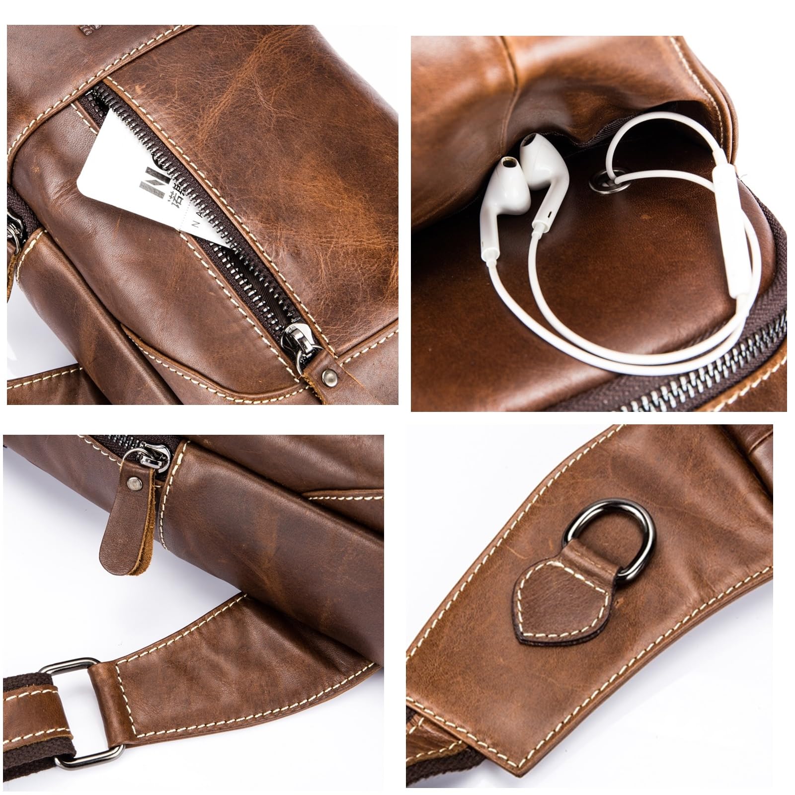 BULLCAPTAIN Leather Men's Sling Backpack Multi-pocket Crossbody Chest Bags Travel Casual Backpack with Earphone Hole (Black)