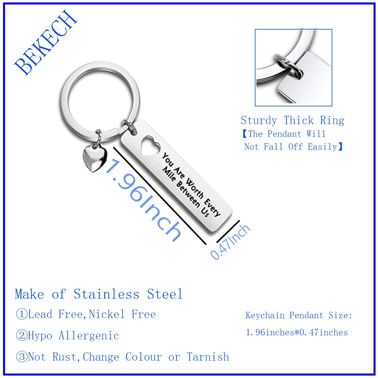 BEKECH Long Distance Relationship Gift Love Keychains for Couples You Are Worth Every Mile Between Us Keyring Going Away Jewelry Boyfriend Girlfriend Deployment Gift (silver)