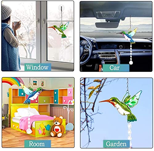 Stained Glass Hummingbird Window Hangings, Indoor Window Hanging Crystals Ornaments, Hanging Clear Crystals Ornament Decoration for Home, Garden, Office (Green)