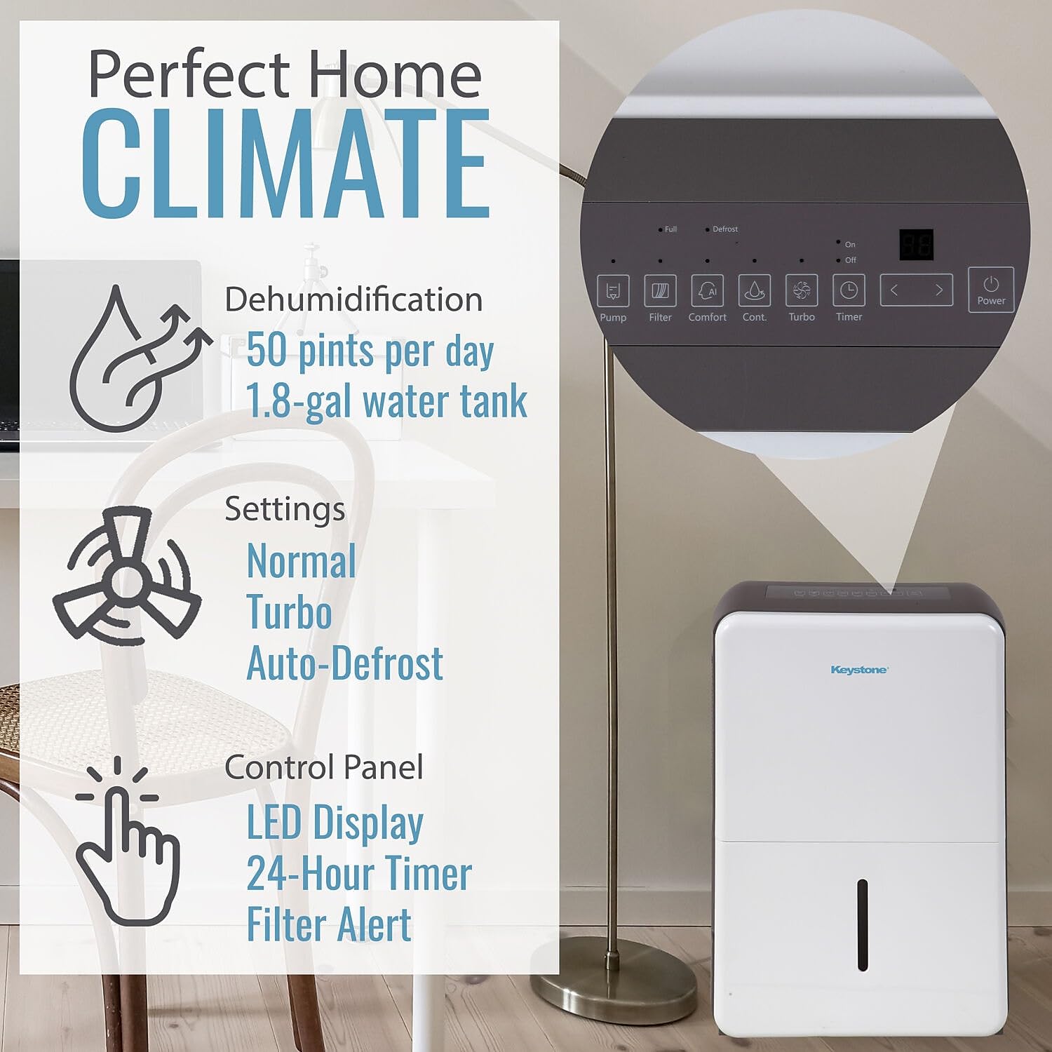 Keystone 50 Pint Dehumidifier Electronic Controls, White (KSTAD504E)