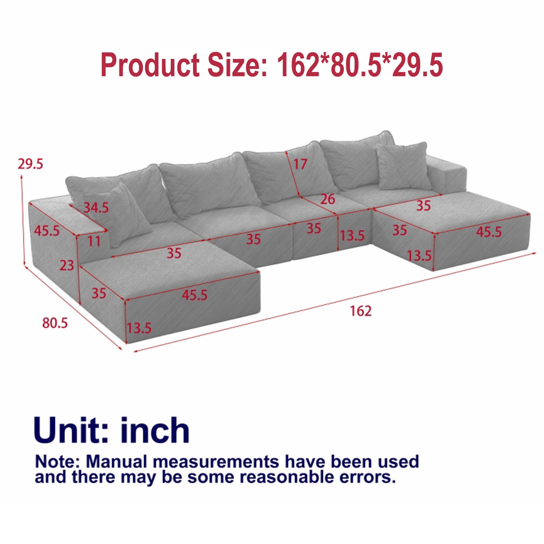 DAMAIFROM 162'' Modular Sectional Sleeper Sofa, Comfy Chenille Free Combination Upholstered Cloud Couch, L Shaped Convertible Sofa Bed with Pillows, Couches for Living Room, Assembly-Free, Black