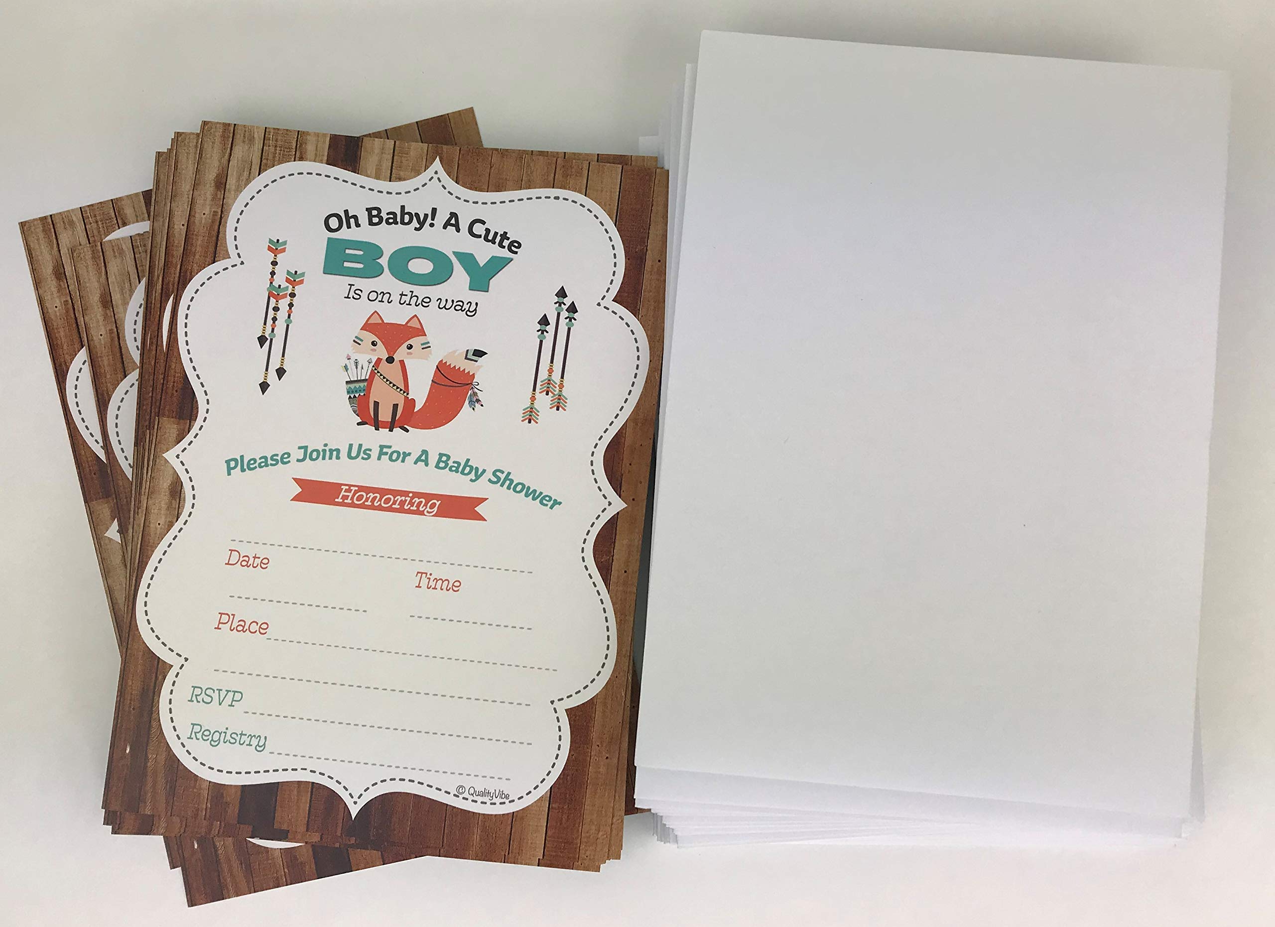Baby Shower Invitations Woodland, Little Fox for Baby boy Shower. Set of 25 Full Color Invitations Include 25 envelopes. Quality & Heavy 14 pt. Paper Matte 5" x 7" with A7 White envelopes Included.