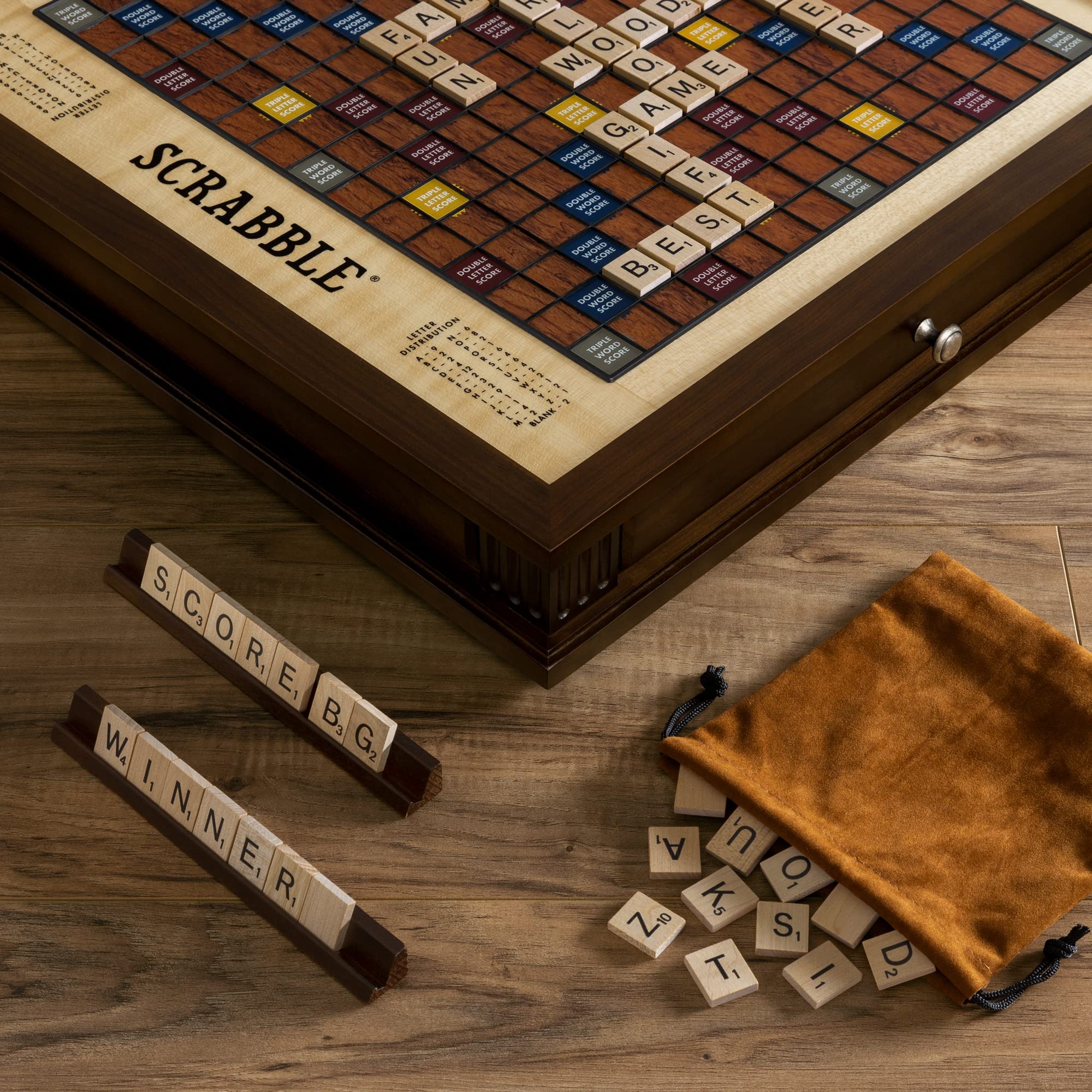 WS Game Company Scrabble Heirloom Edition with Rotating Solid Walnut Cabinet