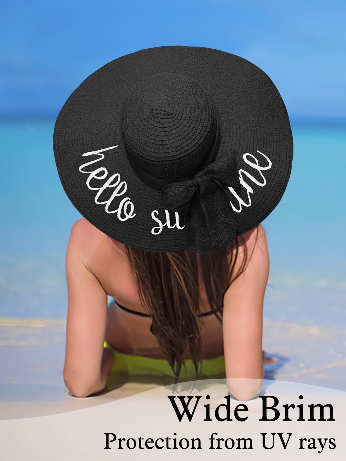 Beach Hats for Women - Foldable Straw Hat Embroidered Wide Brim Floppy Sun Hat UPF 50+, Honeymoon, Travel, Cruise,C1-Black