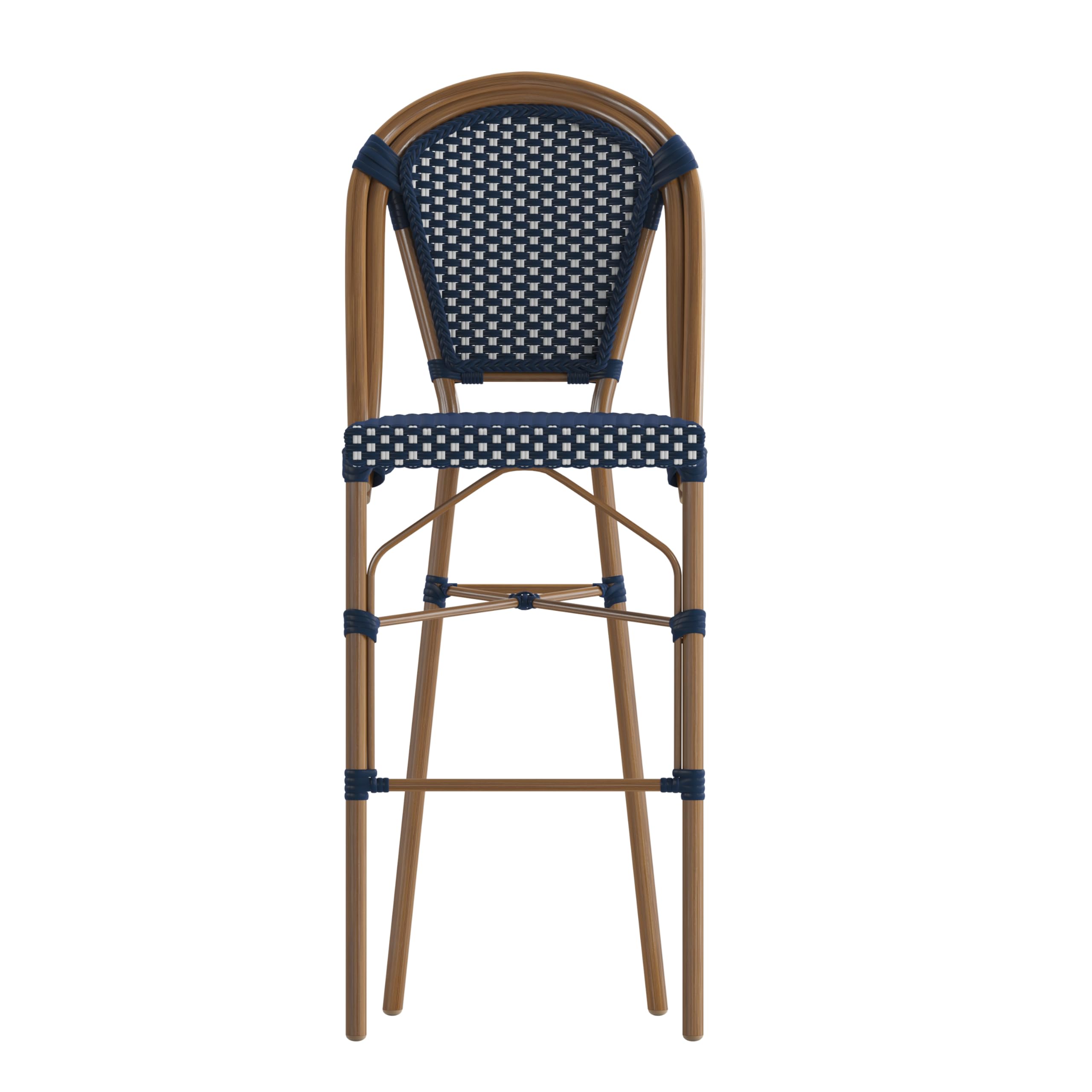 EMMA + OLIVER Soie Bistro Bar Stool - Stacking Indoor/Outdoor PE Rattan Bar Stool with Bamboo Finish Frame - 30" High - Set of Two - Navy/White