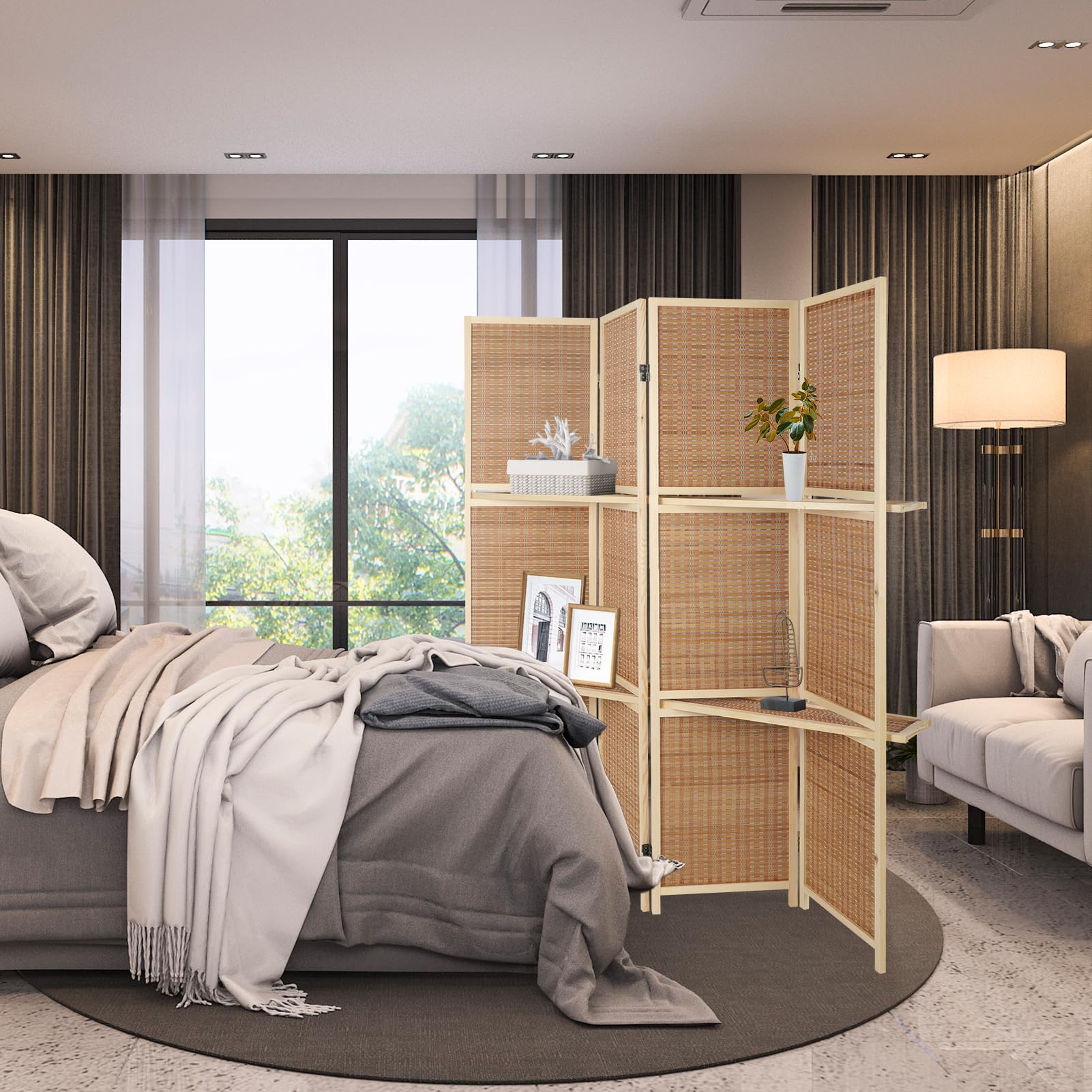ECOMEX 4 Panel Room Divider with Shelves Fully Assembled 5.6Ft Folding Privacy Screens Wooden Room Dividers and Room Separator for Home Bedroom, Warm Brown