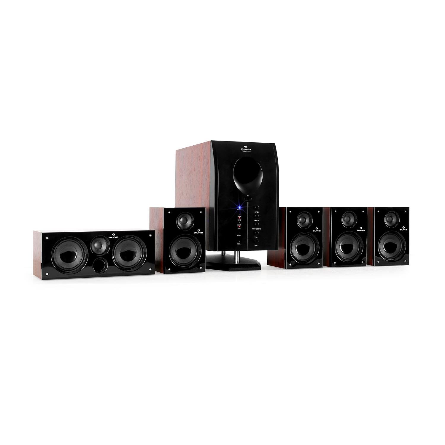 AUNA Areal Active 525-5.1 Surround Sound System, Home Theater System, Elegant Design, Bass Reflex, 5 Satellite Speakers, Bluetooth, USB Port, SD, AUX, Walnut