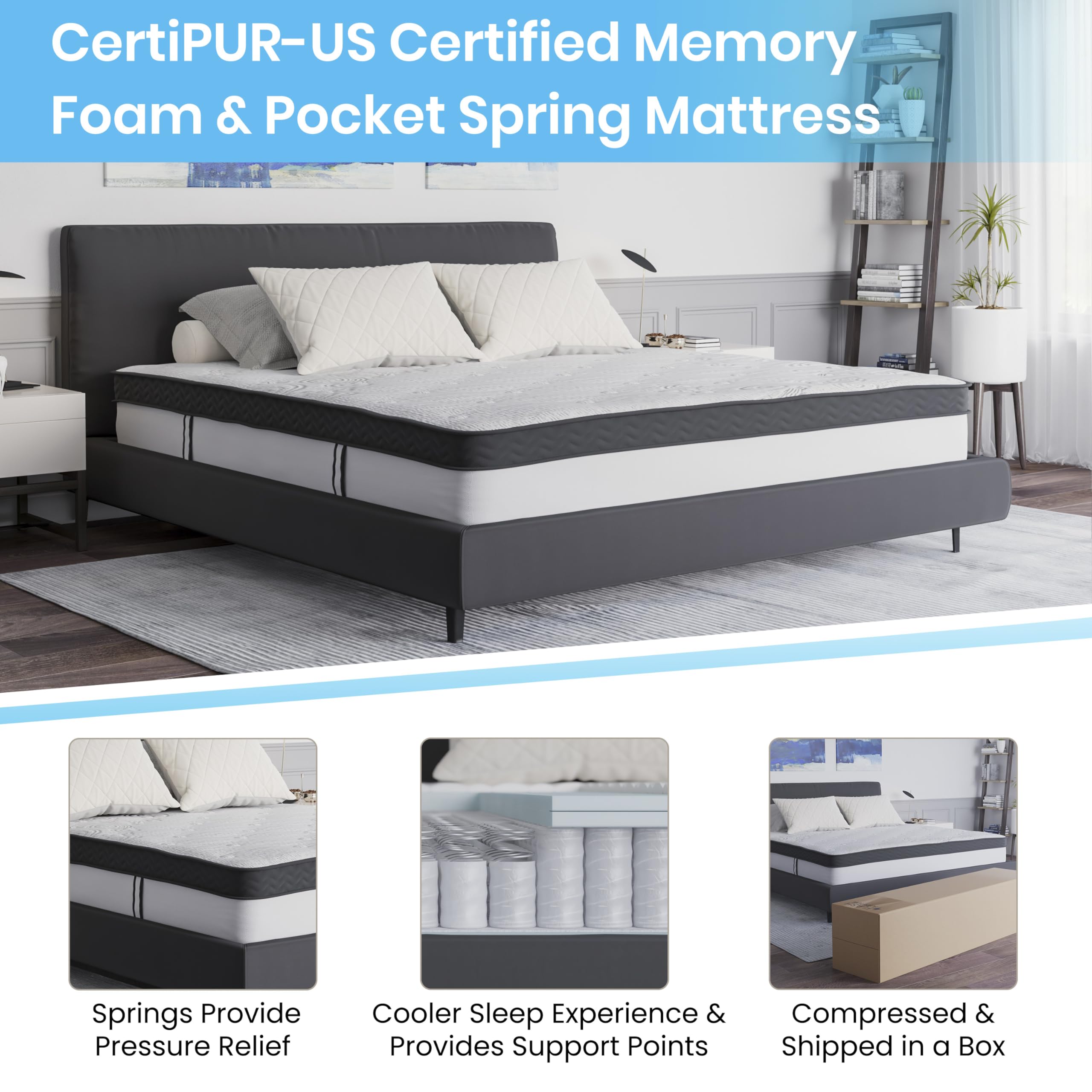 EMMA + OLIVER Astor 12 Inch CertiPUR-US Certified Memory Foam Pocket Spring Mattress, King Mattress in a Box