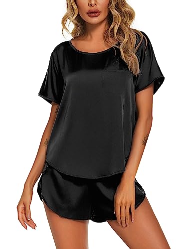 Ekouaer Short Pajamas for Women Silky Sleepwear Set Shorts Satin Nightwear Pyjamas Black M