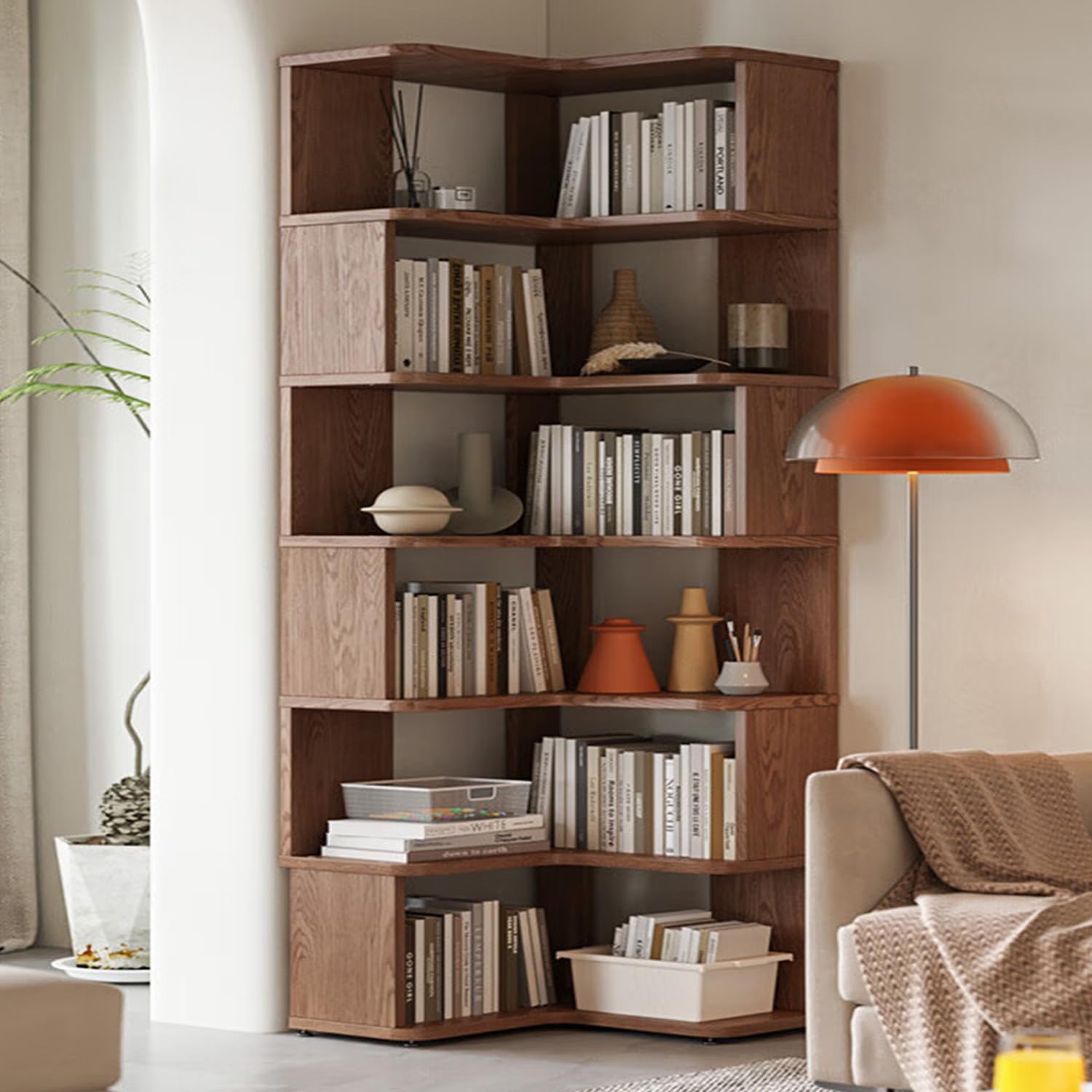 DDJ 6-Tier Solid Wood Corner Bookshelf, 75.2" Tall Corner Bookcase, Bookshelf Organizer, Freestanding Open Corner Display Shelf Storage Rack for Living Room, Bedroom, Home Office, Walnut