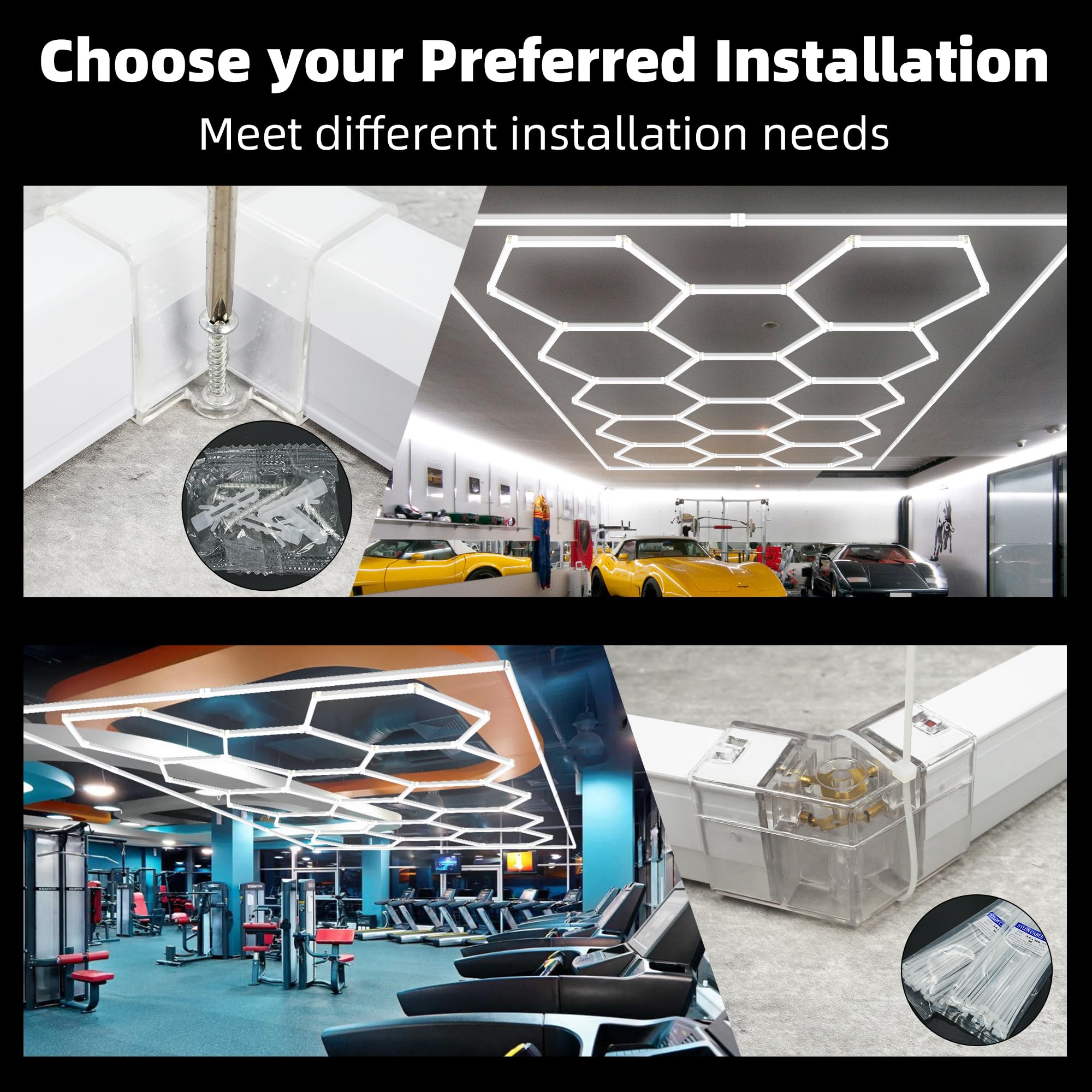 TEPU Garage Hexagon LED Lights 8'X16', 720W 86400LM 6500K White Super Bright 14 Grid Hexagon Ceiling Light, Hexagon Garage Lights with Rectangle Frame, Suitable for Garages Barber Shop Gyms Basements