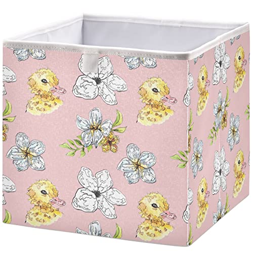 visesunny Closet Baskets Yellow Duck Flower Pink Pattern Storage Bins Fabric Baskets for Organizing Shelves Foldable Storage Cube Bins for Clothes, Toys, Baby Toiletry, Office Supply