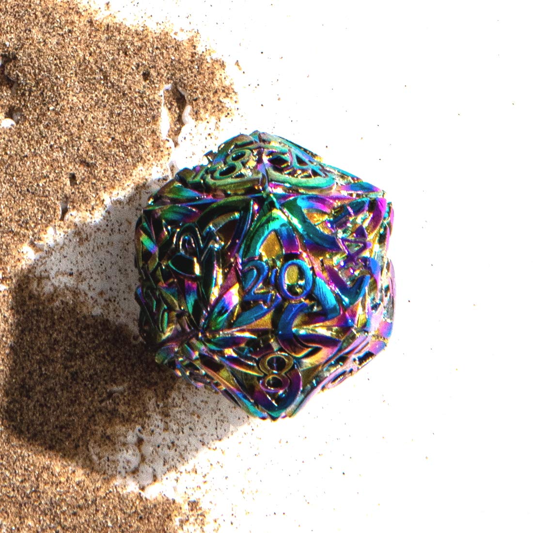 KakapopoTCG Endless Chaos Dice (Rainbow) D20 Dice with Celtic Knots Solid Metal Extra Large Extra Heavy for DND DnD5e TTRPG RPG Polyhedral Dice Bard Dice Sorcerer Wizard Dice