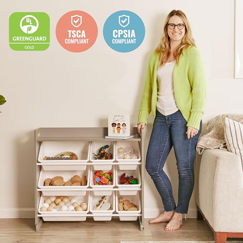 ECR4Kids 3-Tier Organizer with Shelf and 9 Bins, Toy Storage, Grey/White