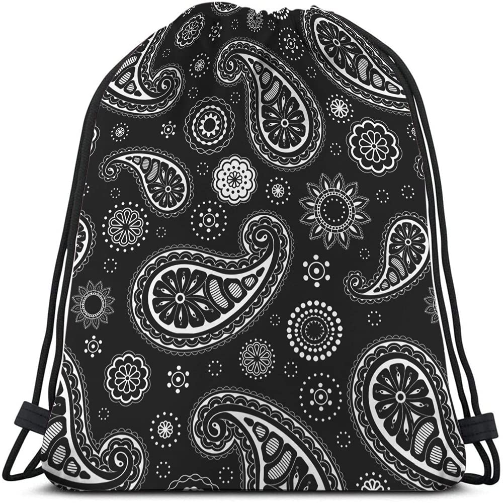 Beabes Paisley Pattern Drawstring Bags Backpack Bag Black White Floral Ethnic Asian Art Seamless Pattern Sport Gym Sack Drawstring Bag String Bag Yoga Bag for Men Women