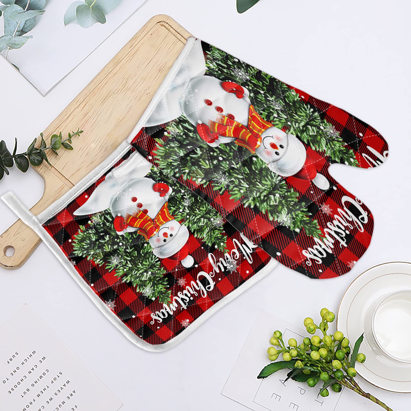 christmas Set of Oven Mitt and Pot Holder Snowman with Xmas Tree Kitchen Oven Gloves and Hot Pads Heat Resistance Non-Slip Surface for BBQ Cooking Baking Grilling Red Buffalo Plaid Check