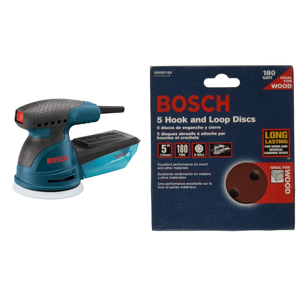 BOSCH ROS20VSK Palm Sander 2.5 Amp 5 in. Corded Variable Speed Random Orbital Sander/Polisher Kit with Dust Collector & BOSCH SR5R180 5-Piece 180 Grit 5 In. 8 Hole Hook-And-Loop Sanding Discs