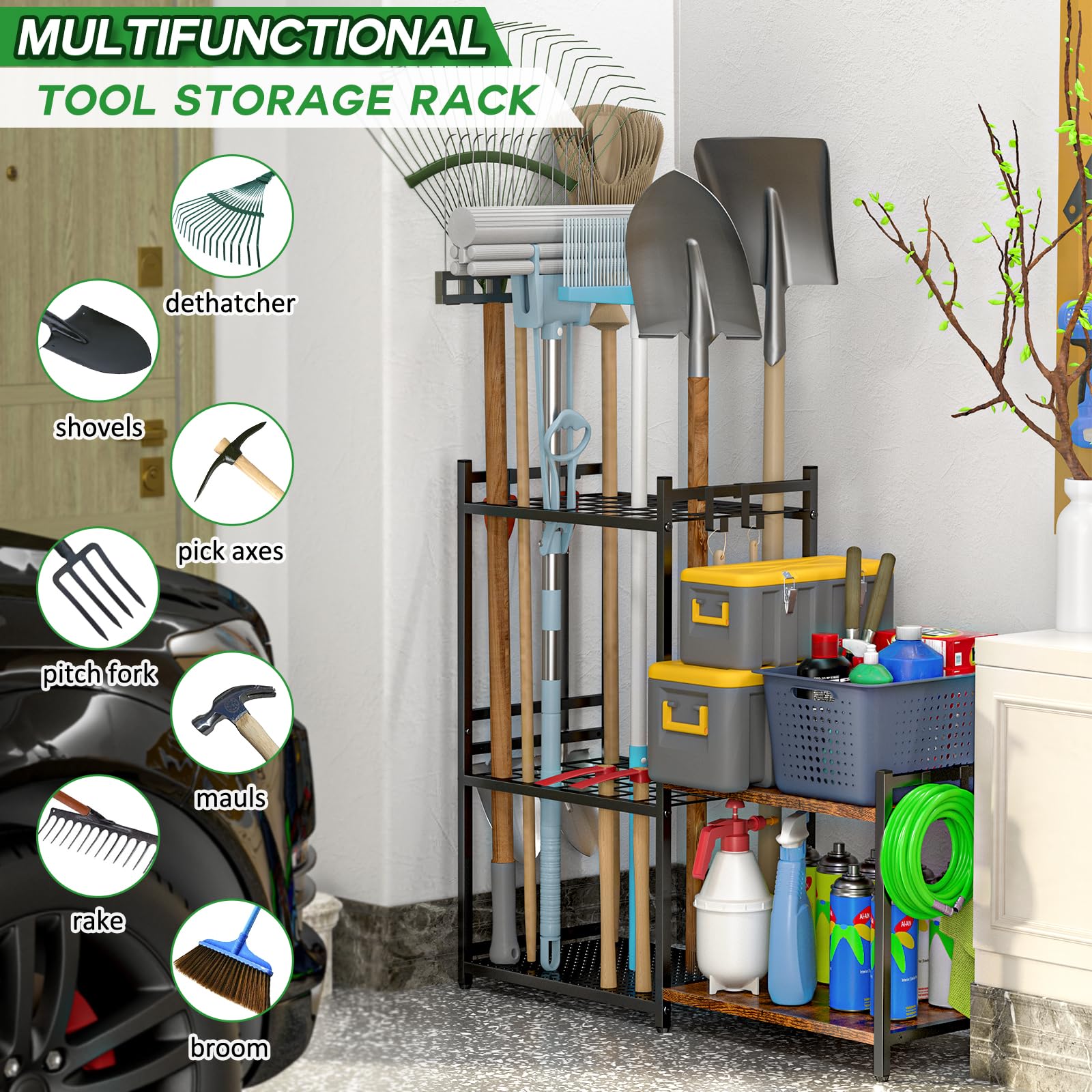 DAOUTIME Garage Tool Organizer with 2-tier Wooden Shelves, Yard Tool Organizer for Garage with 6 Hooks, Heavy duty Steel Garden Tool Rack Holds up to 35 Long Handled Yard tools for Storage, Black