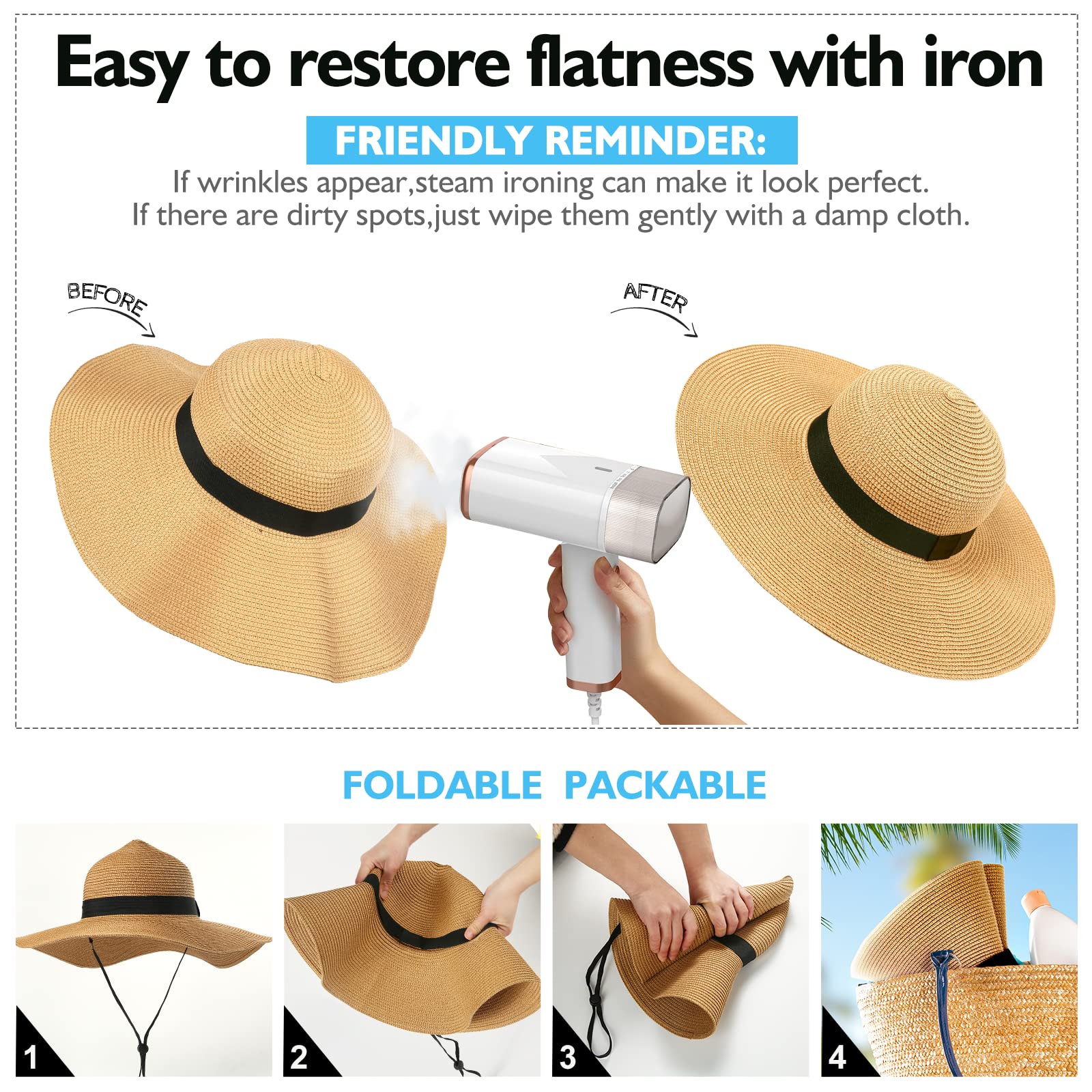 Beach Hats for Women, Foldable Sun Hat Womens UV Protection, Floppy Straw Paper Visor Hats, Boho Wide Brim Hats for Women Dark Khaki
