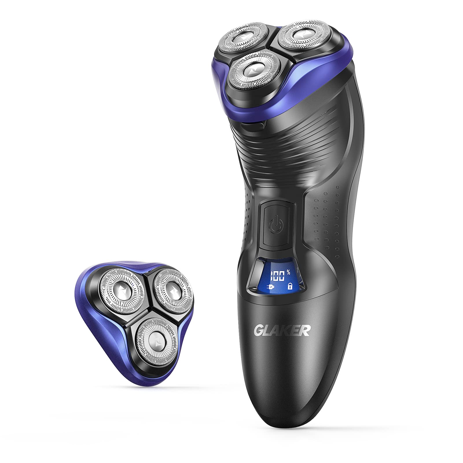 GLAKER Electric Razors for Men, Mens Electric Shaver Razor with Extra Shaver Head Cordless Waterproof Rechargeable, Electric Rotary Shaver with Pop-up Trimmer, LCD Display for Father's Gift