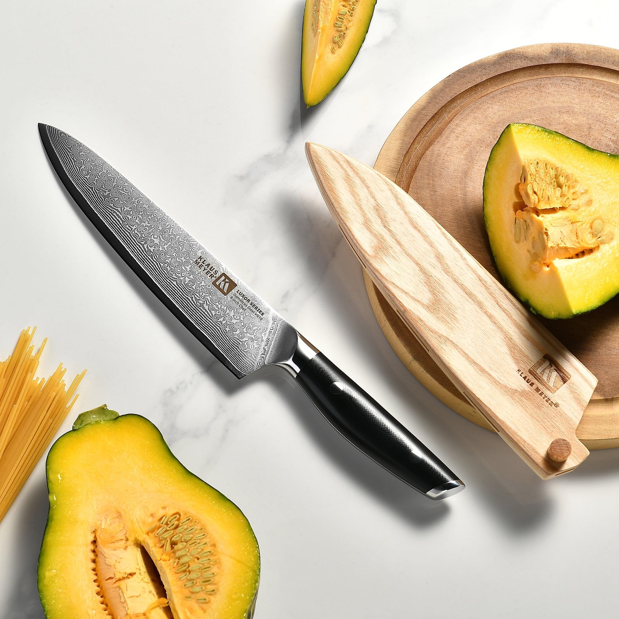 Klaus Meyer Luxor 8 Inch Chef Knife, Damascus Kitchen Knife, VG10 High Carbon Stainless Steel Japanese Chefs Knife with Wood Sheath