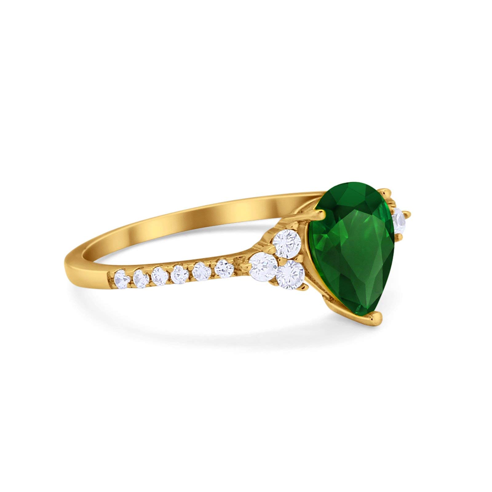 Blue Apple Co. Teardrop Pear Wedding Engagement Bridal Ring Pear Round Yellow Tone, Green Emerald Cubic Zirconia 925 Sterling Silver Size-7