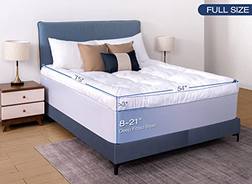 Full Mattress Topper, Extra Thick Bed Topper 3 Inch Mattress Pad Cover, Soft Plush Pillow Top Mattress Topper for Back Pain, Down Alternative Mattress Pillow Topper with 8-21" Deep Pocket, 3D Bubble
