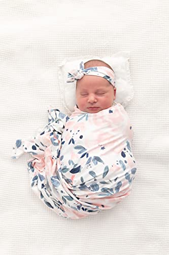 Vollmic Newborn Baby Girl Receiving Blanket Swaddle Blanket Stretchy Knit Swaddle Set with Matching Headband (Ink Pink)