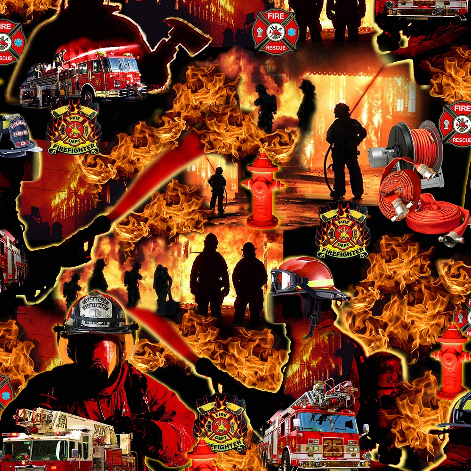 Elizabeth's Studio Under Fire Fireman Montage Multicolor Premium Quality 100% Cotton Fabric by 1/2 of a Yard.