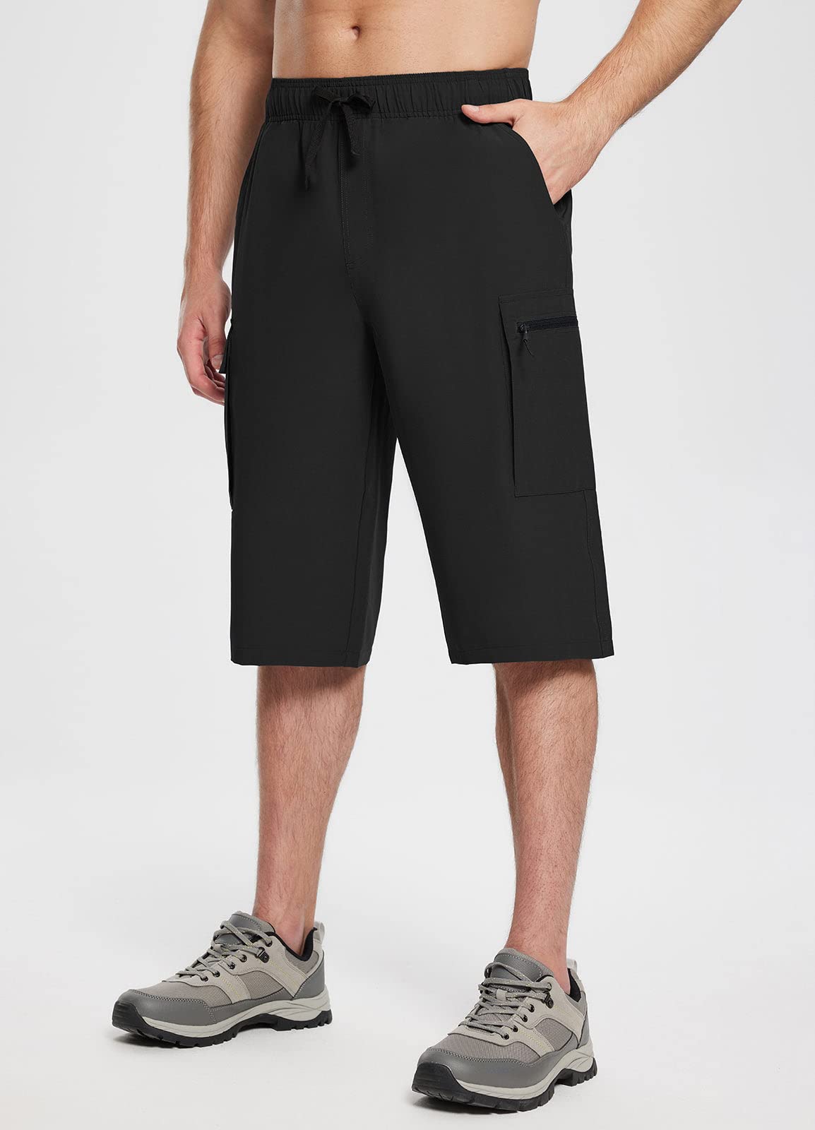 BALEAF Men's Long Shorts Below Knee 15" Capri Pants Hiking Cargo Pockets Quick Dry Lightweight Elastic Waistband Gym Black 2XL
