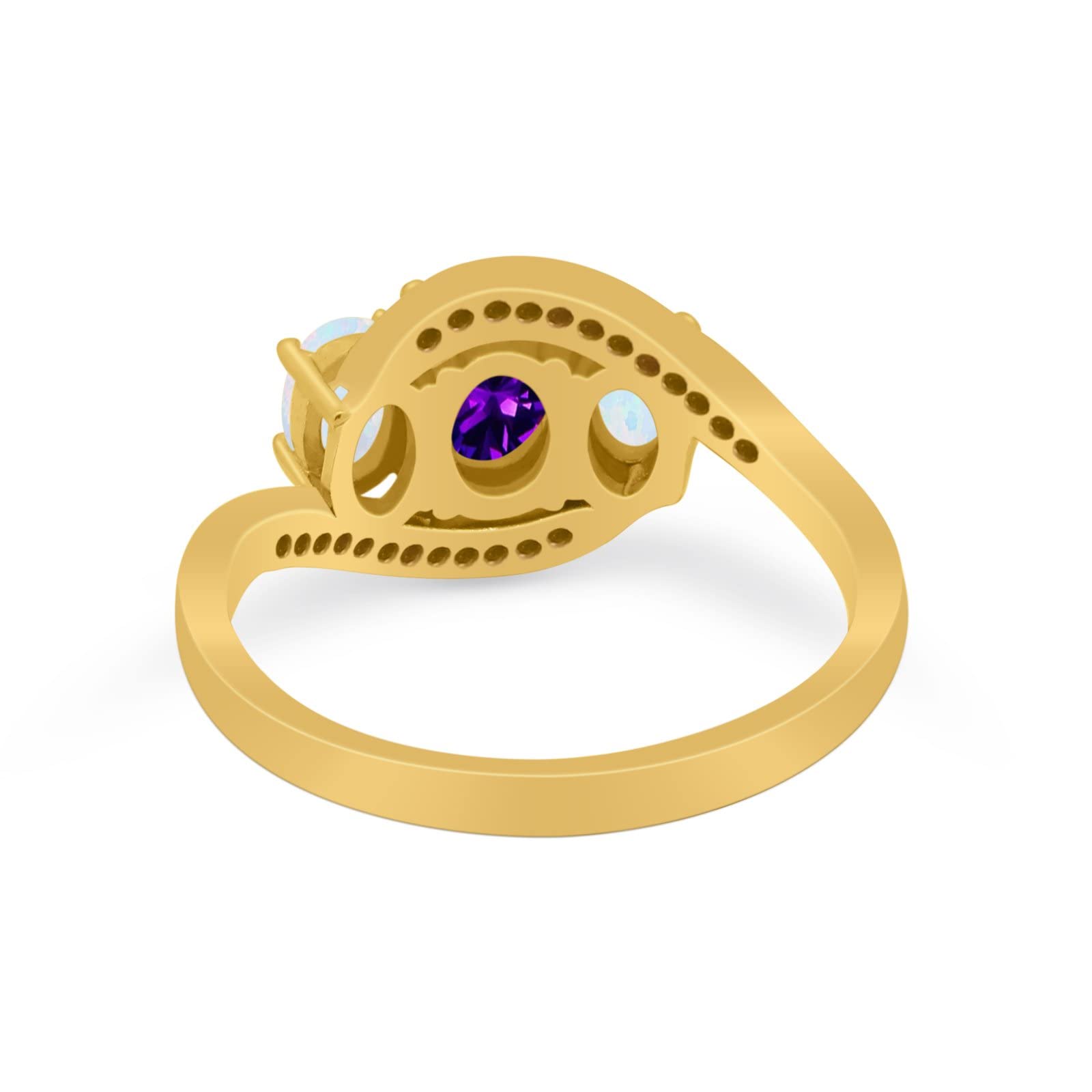 Blue Apple Co. Amethyst CZ Yellow Tone Size-6 Art Deco Three Stone Ring Oval CZ Twisted Bypass Ring 3-Stone Swirl Wedding Engagement Rings For Women 925 Sterling Silver Gifts For Her