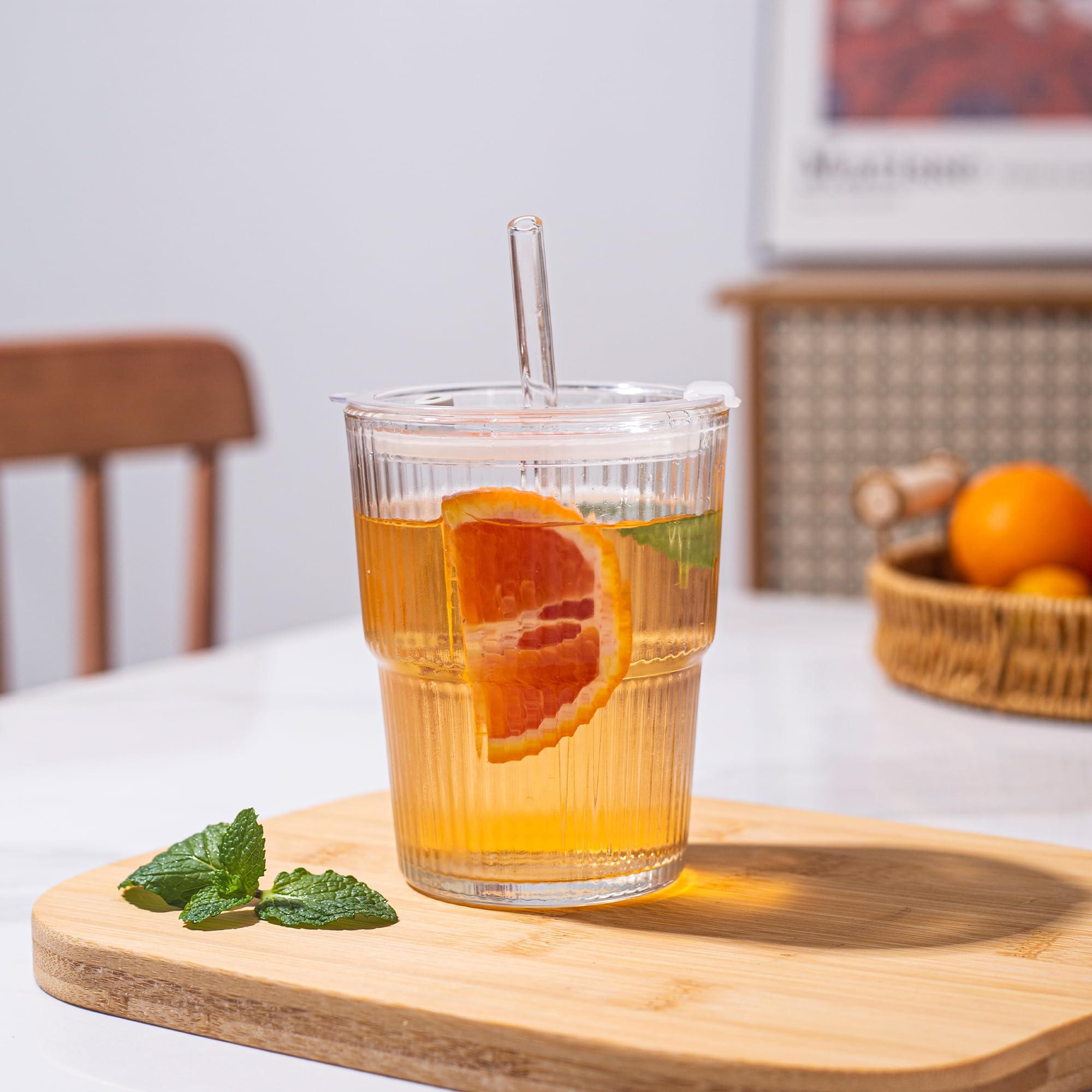QWEZXO 13OZ/400ML Ice Coffee Glass Tumbler, Thick Wall Water Glass Cup Mug Tea with Straw and Lid Sealed Carry On (Clear)