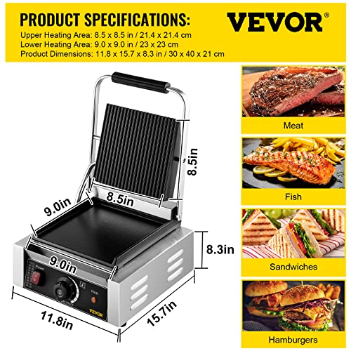 Happybuy Commercial Sandwich Panini Press Grill,110V 1800W Up Grooved and Down Flat Plates Electric Sandwich Maker, Temperature Control 122°F-572°F for Hamburgers Steaks Bacons