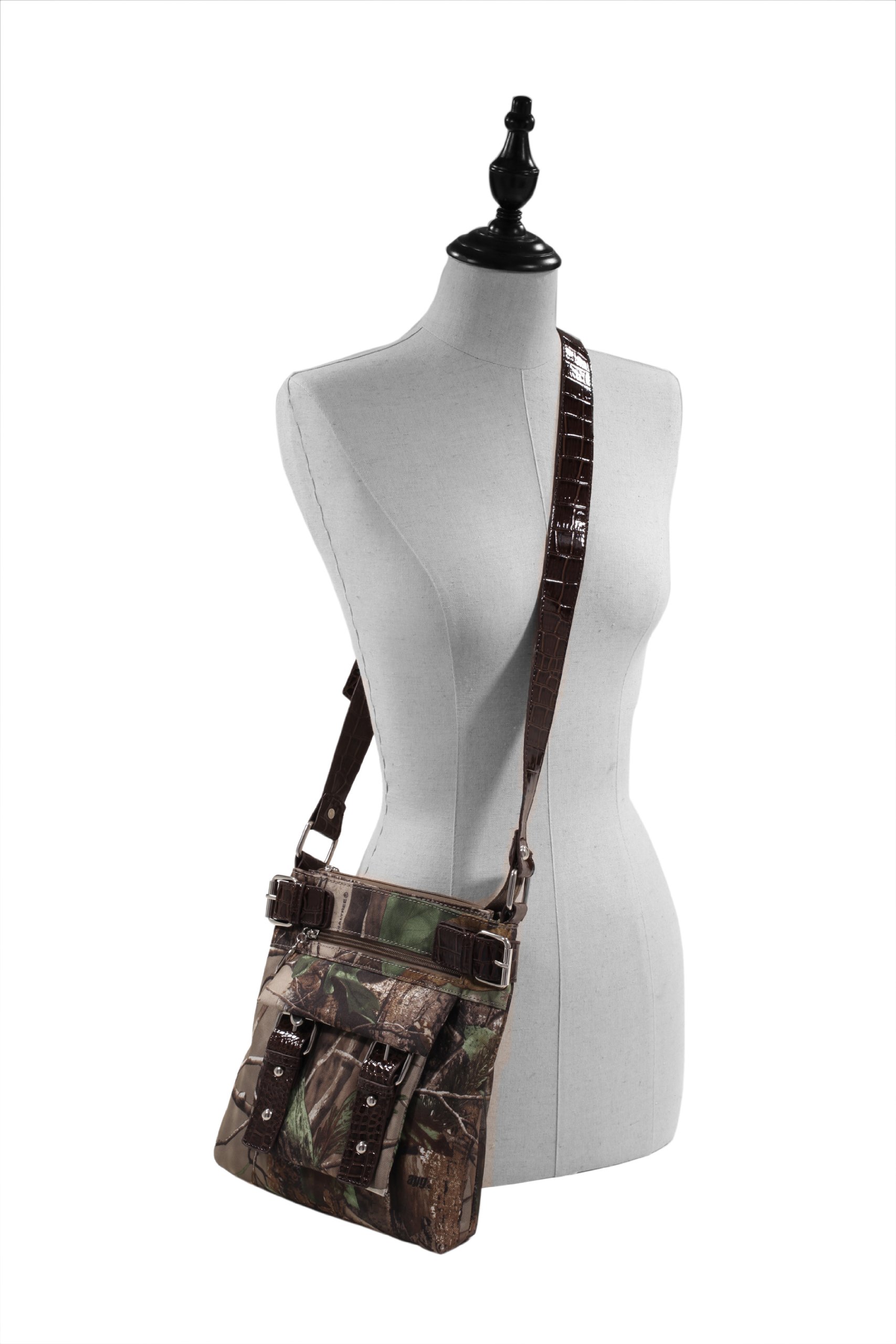 Emperia Women's 8 Pocket Purse with Studded Buckle Embellishments, Realtree Green/Dark Brown, Small
