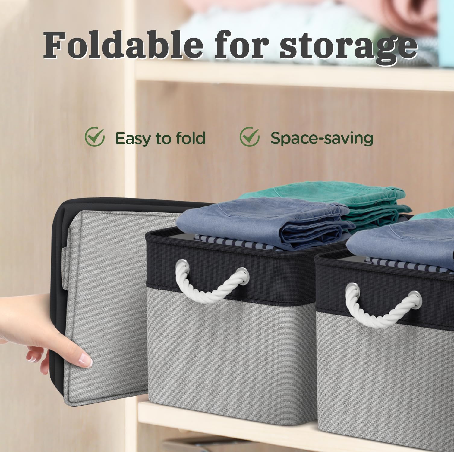KITCSTI Fabric Storage Baskets for Shelves | Closet Storage Bins | Linen Cloth Baskets with Handle for Organizing
