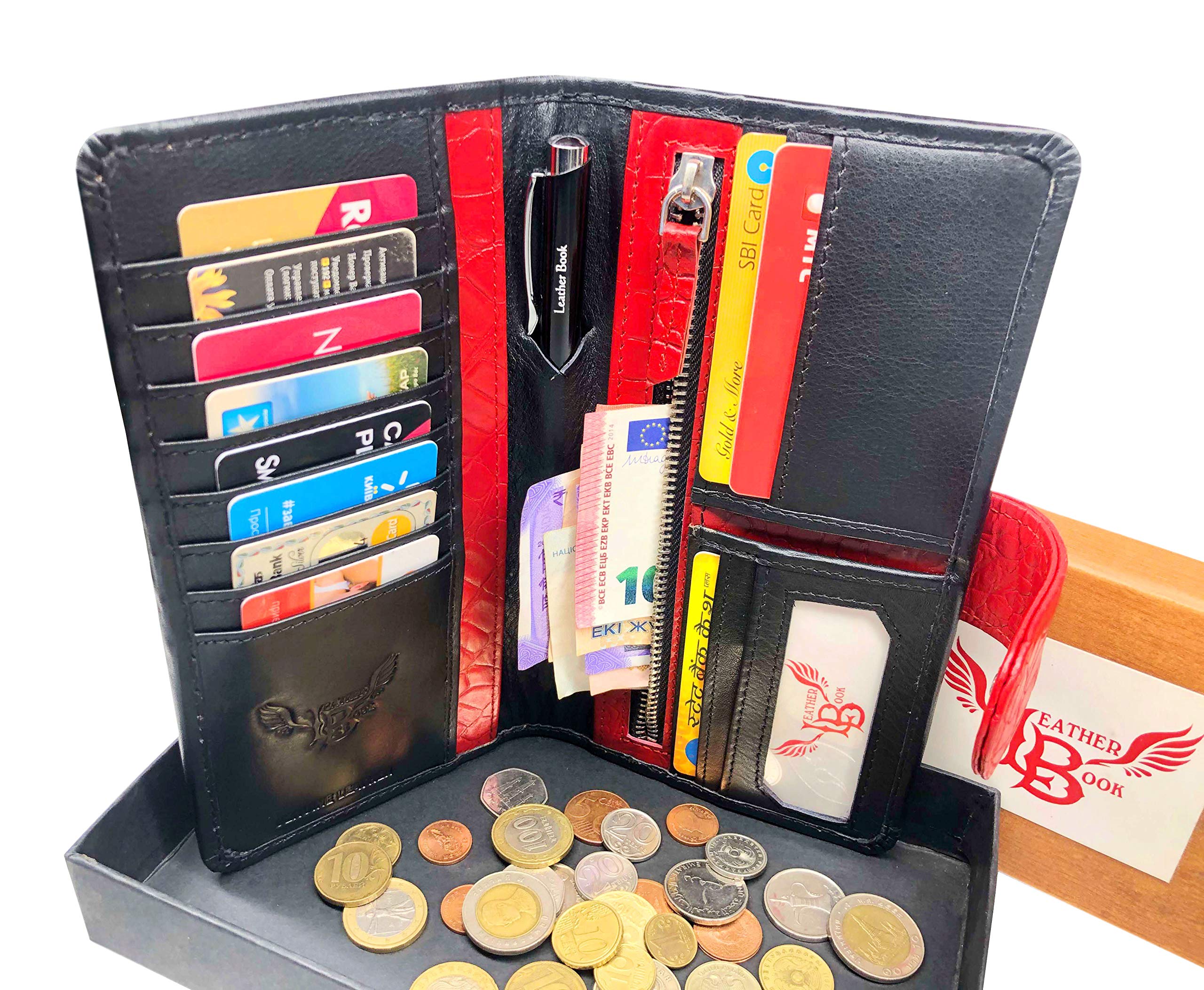 Leather Book LW-1804 Red Crocodile Ladies Wallet|10 card slots|1 card window|4 slide pockets|1 zip pocket | Black Cowhide & Red cowhide Crocodile Print Leather