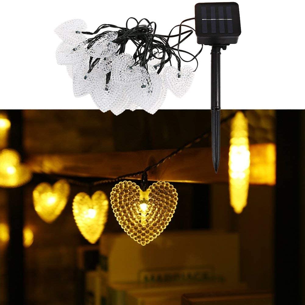 WONFAST Solar Heart String Lights, Waterproof 23ft 50LED Heart-Shaped 8 Mode Solar Starry Ambiance Lighting Christmas Fairy String Lights for Gardens Path Homes Wedding Party Decor (Warm White)