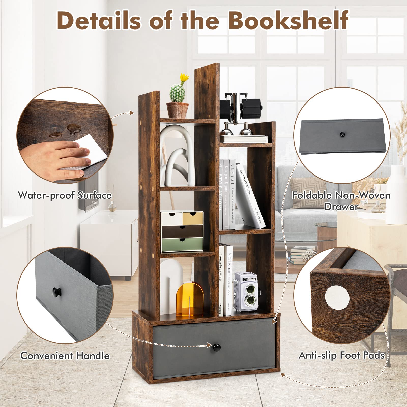 LOKO Rustic Bookshelf with Drawer, Industrial 3 Shelf Bookcase with Anti-toppling Device and 7 Open Compartments, Freestanding Vintage Wooden Book Shelf for Bedroom, Living Room (Rustic Brown)