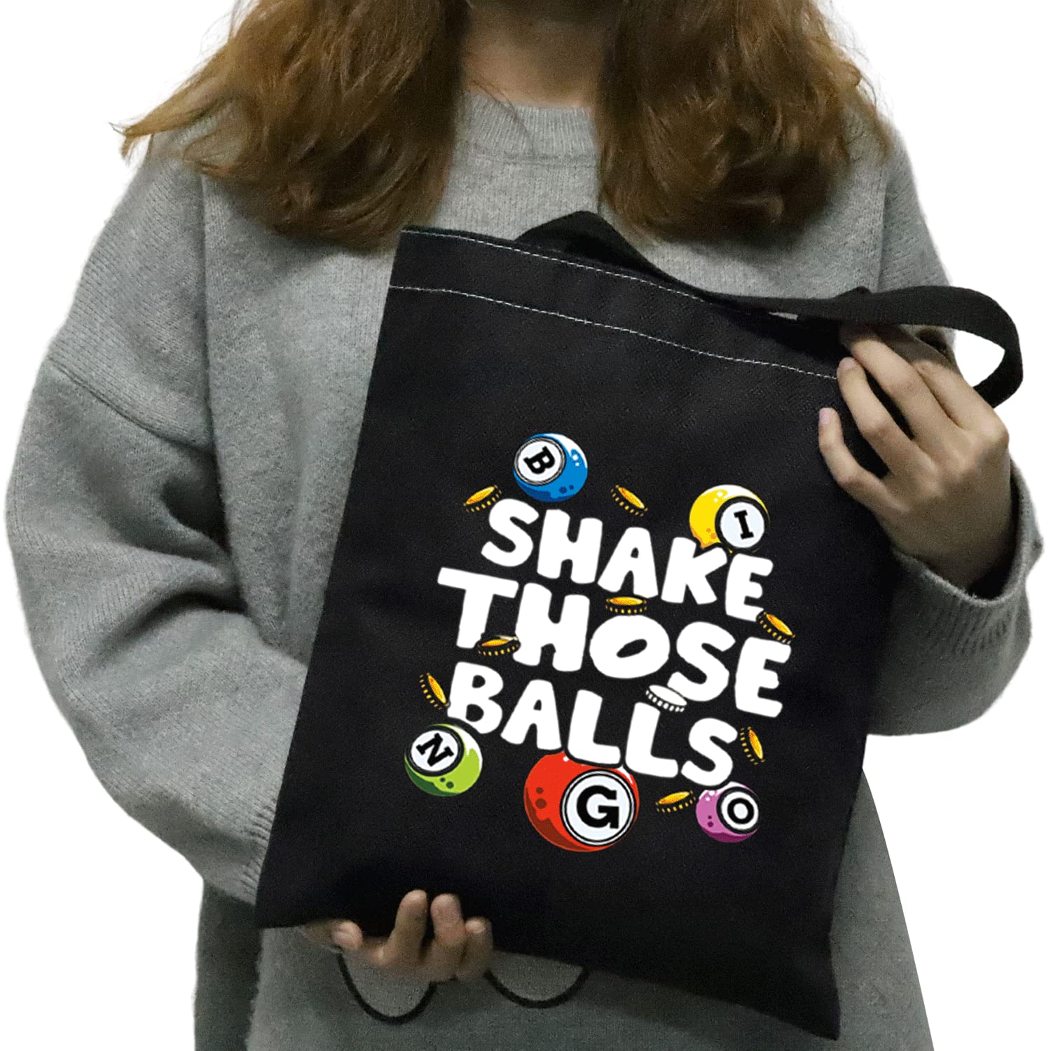 JXGZSO Bingo Gambler Gift Shake Those Balls Tote Bag Lucky Bingo Pouch Bag Bingo Game Lover Gift (Shake those balls shopping black)