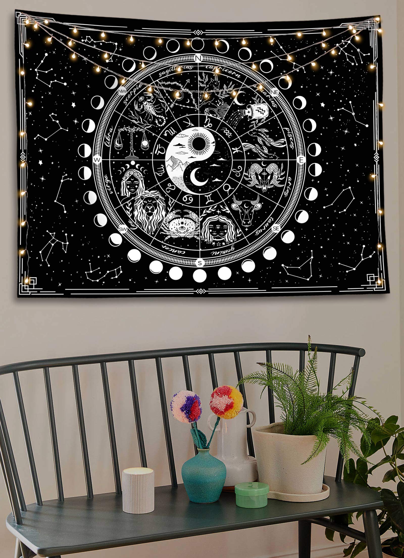 Kanuyee Twelve Constellation Tapestry,Black and White ，Sun and Moon ，Yin and Yang Tapestry Mystic Wall Hanging Tapestry for Home Decor (35"x47")