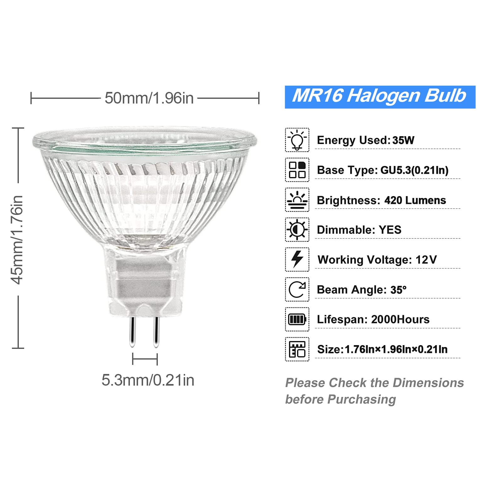WeshLMPO MR16 Halogen Light Bulb 2 pin 35W 12V, 420LM High Output GU5.3 Base for Landscape Lights, Track Lights, Fiber Optics, Desk Lamps, 2700K Warm White Dimmable, 6 Pack