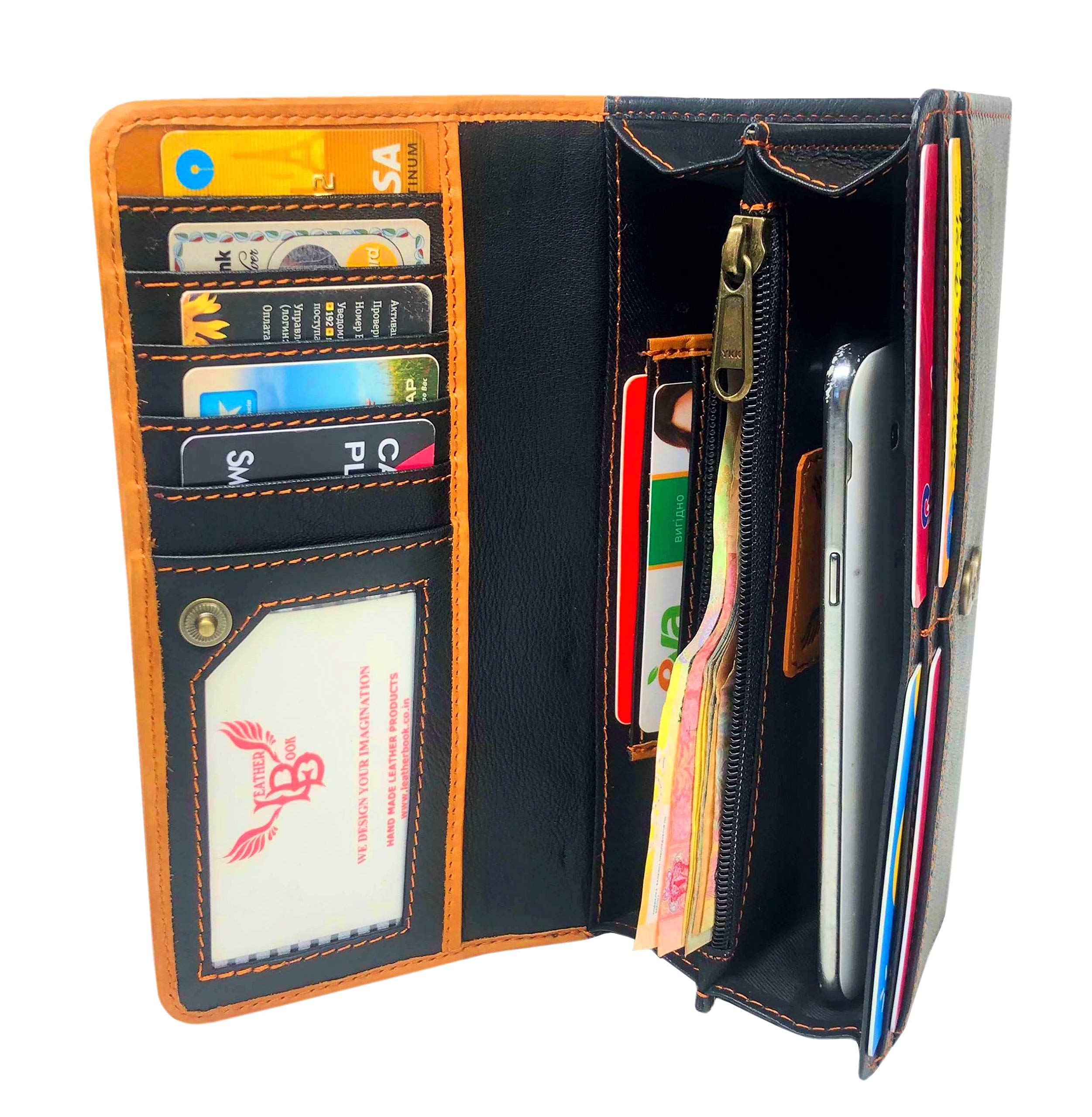 Leather Book® LW-1802 TAJ Leopard Ladies Wallet|11 card slots|1 card window|4 slide pockets|1 zip compartment pocket| 1 back silver metal zip pocket | Black, Tan Cowhide & Jersey leopard Print Leather