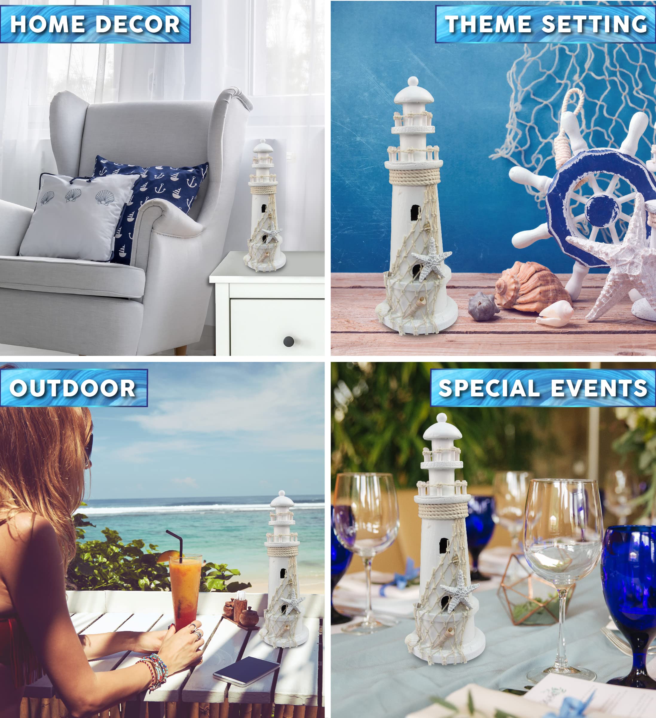 Puzzled COTA Global White Lighthouse Decor - Handmade and Crafted Wooden Lighthouse Decoration with Starfish and Fish Net, Decorative Beach Style Tabletop Centerpiece - 11 Inches