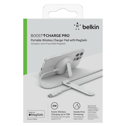 Belkin MagSafe Wireless Charger Pad - iPhone for 14, 13, 12 USB C with 6.6β Cable & integrated Stand White Wall Not Included