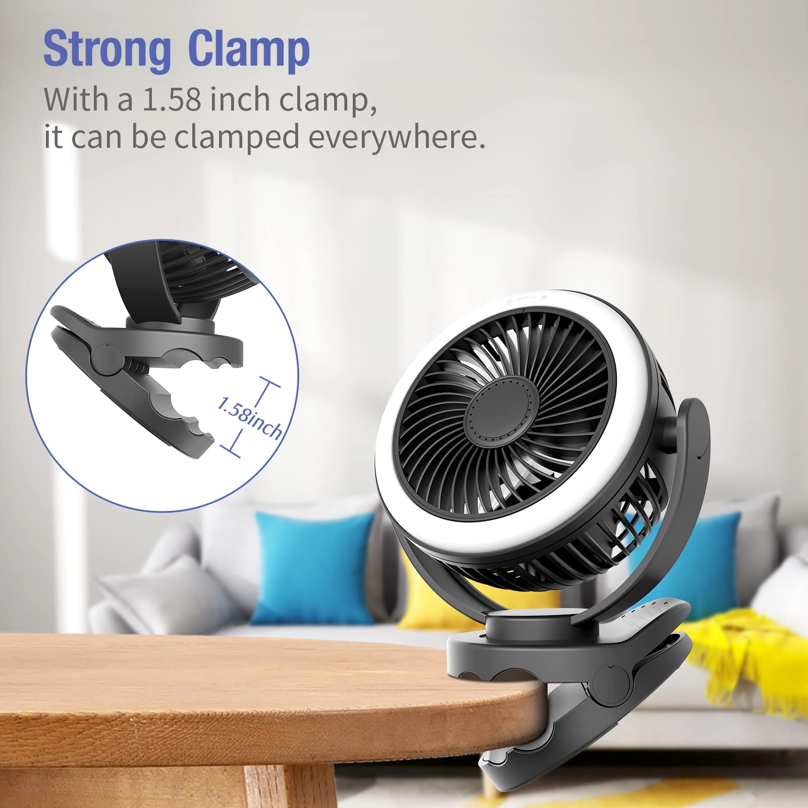zoolb 10000mAh Camping Lantern Fan, 4 Speeds Clip On Fan, Battery Operated Fan, Portable Personal Fan, 360° Rotation, Time Setting, 40 hrs Working Time, for Tents, Gym, Home, Black