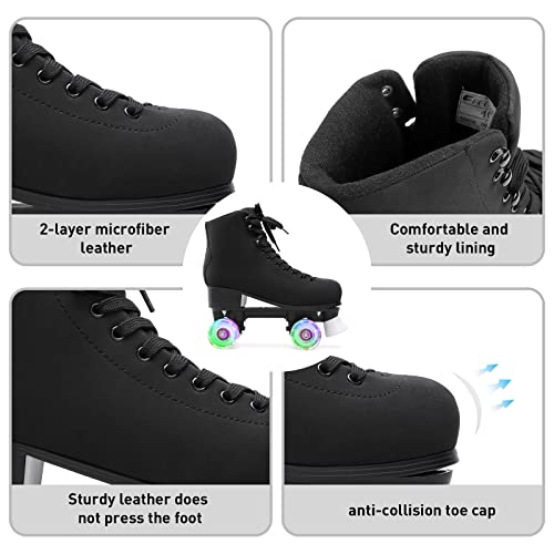 FEETCITY Womens Roller Skates High-Top Double-Row Leather Roller Skates for Girls Boys for Indoor Outdoor Size 9 Black