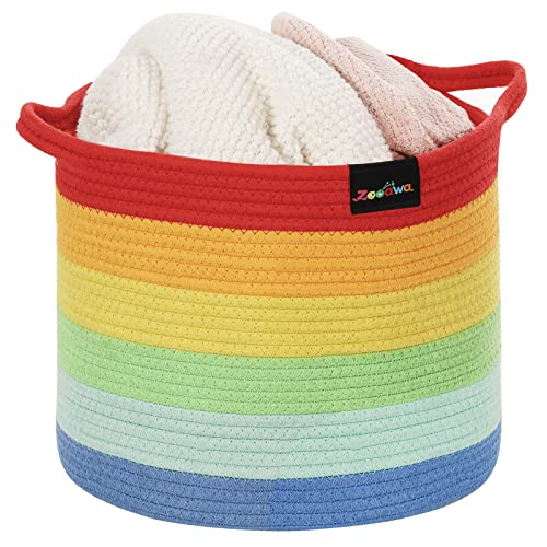 Zooawa Rainbow Storage Cotton Rope Baskets for Baby Room|Rainbow Baskets for Classroom | Baby Laundry Basket for Nursery Storage|Toy Baskets Organizer for Baby Rainbow Nursery Decor,14" x 12"