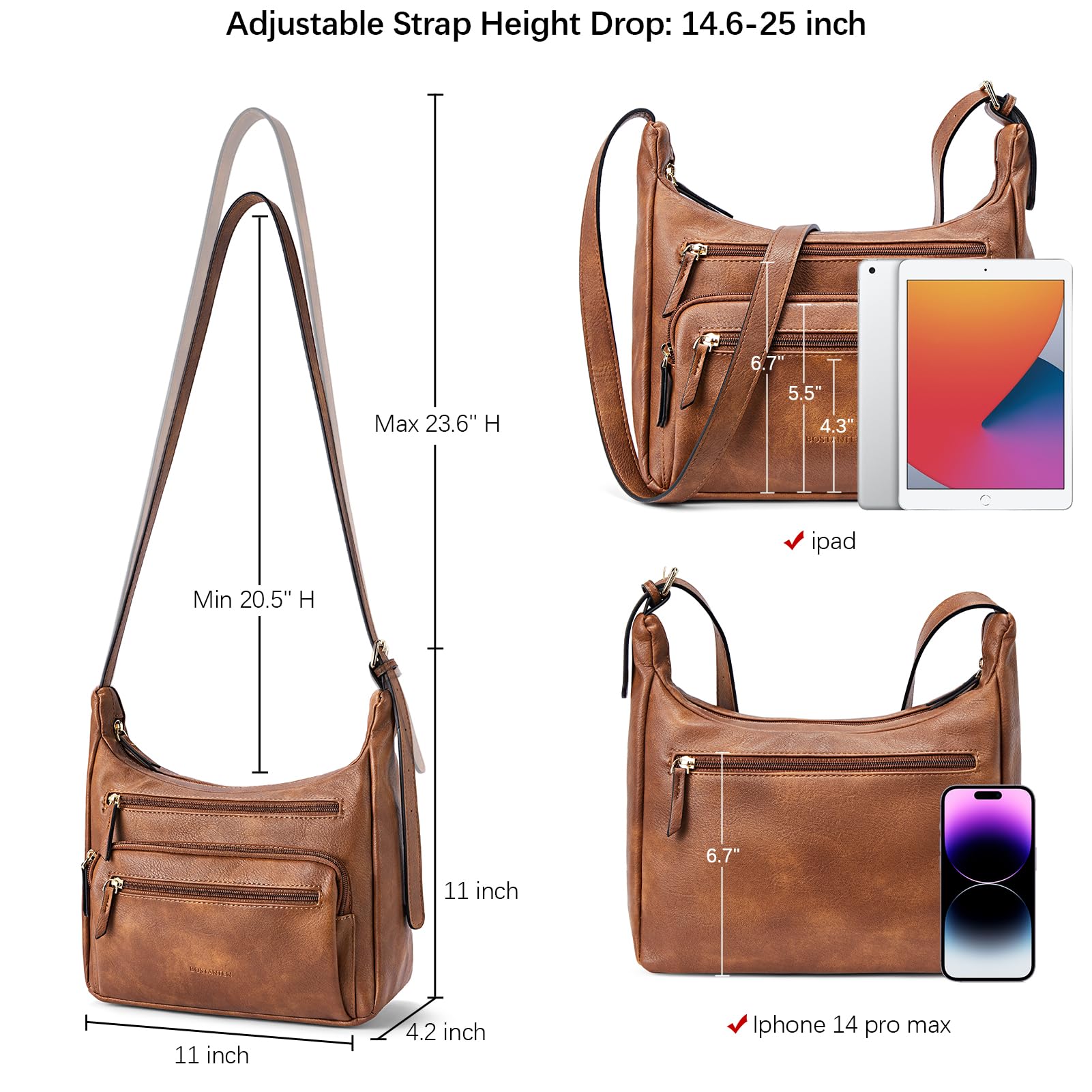 BOSTANTEN Crossbody Purses for Women Soft Vegan Leather Handbags Multi Pocket Shoulder Bag Pocketbooks (Retro Black)