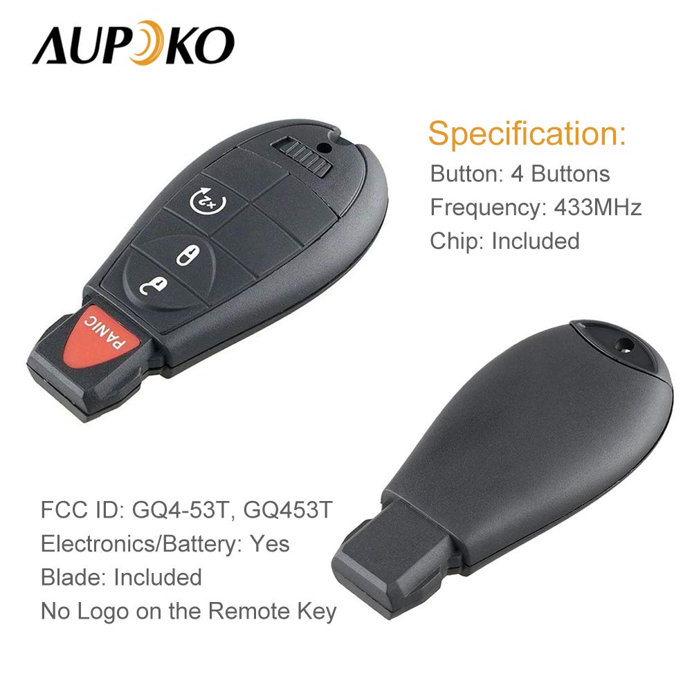 Aupoko GQ4-53T 4 Buttons Keyless Entry Fob, 2 PC Programmable Remote Keys, Replace# 56046955,56046955AG, 56046955AA, 56046955AB, Compatible with 2013-2018 Dodge Ram 1500 2500 3500