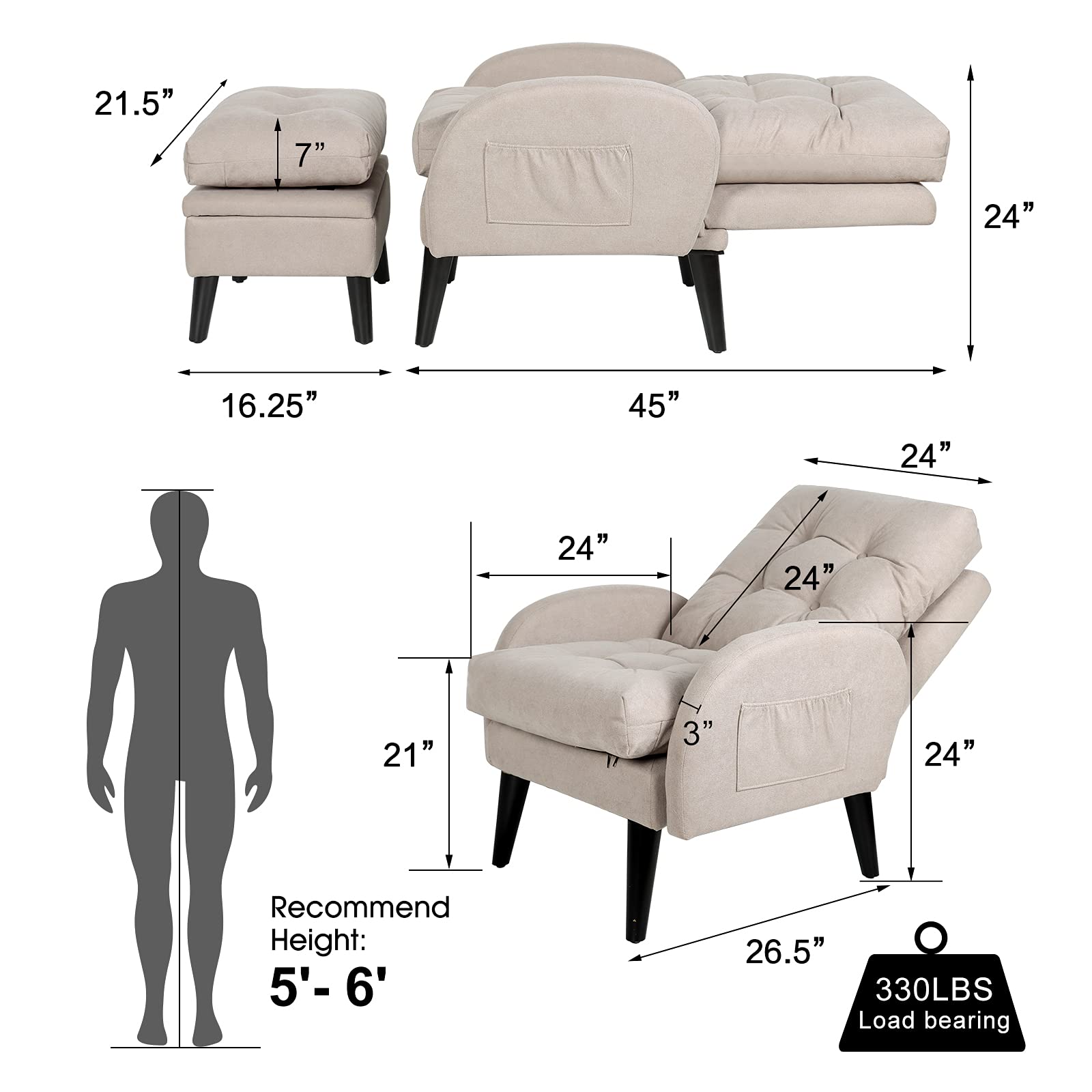 ELUCHANG Accent Chairs with Ottoman, Upholstered Comfy Armchair with Adjustable Backrest&Storage Footrest, Lazy Chair Reading Chair Leisure Sofa Recliner for Living Room Bedroom (Light Grey - Linen)